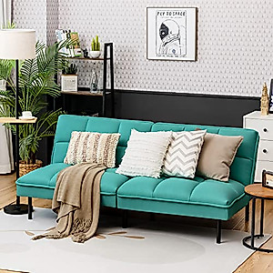Giantex Sofa Bed, Convertible Sleeper Couch, Linen Fabric Futon, Recliner with 3 Level Adjustable Backrest, Metal Legs, 71”x35.5”x31”, Living Room Bedroom Reception Room (Turquoise)