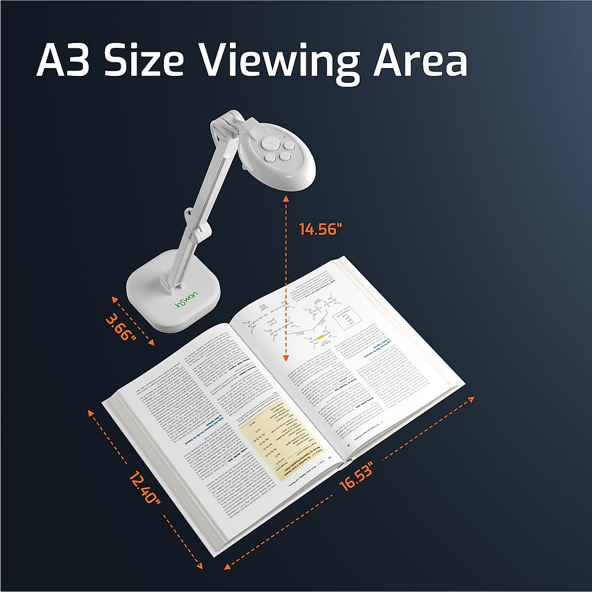 INSWAN INS-2 4K USB 13MP Document Camera with Auto Focus, LED Light, Mic, A3-Size Capture, Compatible with MacOS, Windows, Chromebook for Remote Teaching, Web Conferencing, IWBs, Live Demo