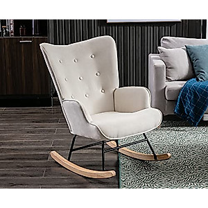 Wahson Glider Rocking Armchair with Tufted High Wingback Chenille Leisure Rocker Recliner Chair with Upholstered Comfy Cushion for Nursery/Indoor/Living Room/Bedroom, Beige