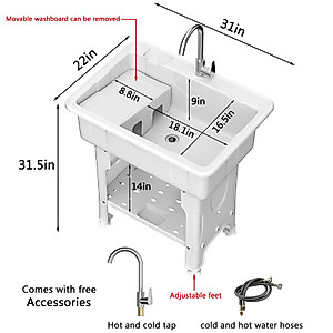 Freestanding Plastic Laundry Sink with Washboard, W31" x D22" x H31.5" Indoor and Outdoor Utility Sink with Cold and Hot Water Faucet, Hoses and Drain Kit for Laundry Room, Garage, Basement, Garden