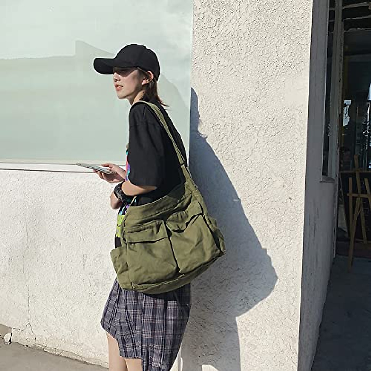 Canvas Messenger Bag for Women Men,Multiple Pockets Large Hobo Bag Canvas Crossbody Bag Shoulder Tote Bag School Daypacks