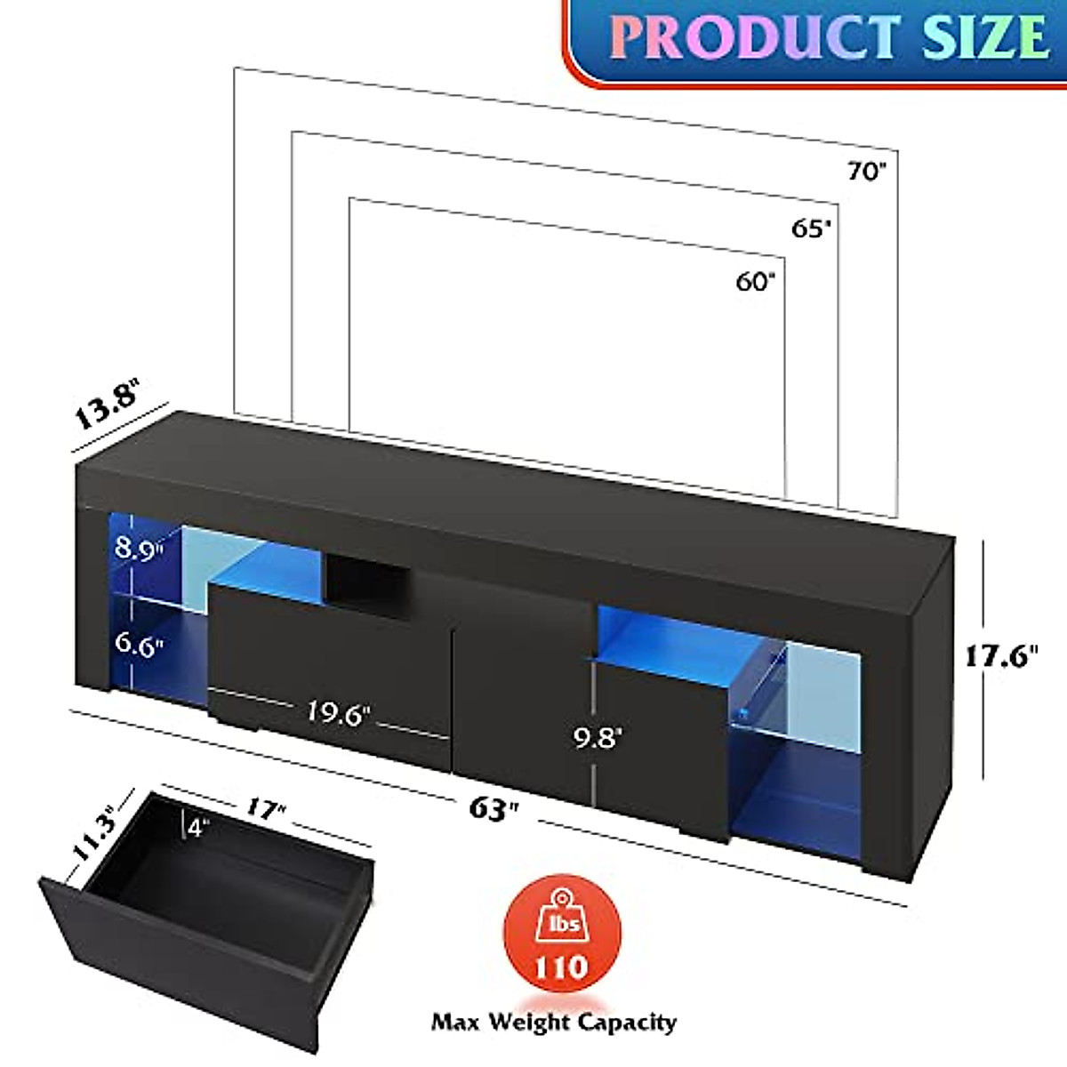 WLIVE LED TV Stand for 60/65/70 Inch TV, Entertainment Center with Open Shelves, TV Console with 2 Storage Drawers for Bedroom, Living Room, Media Stand with Display Glass, Black