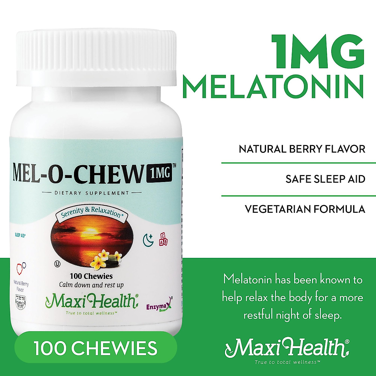 Chewable Melatonin, Kosher Berry Flavor, 1mg Melatonin for Adults or Teens, Natural Aid for Adults, Melatonin Chewables Alternative to Melatonin Gummies Higher 1 mg Dose, Maxi Health (100 Count)