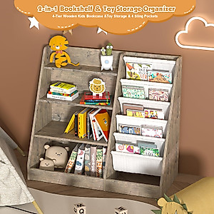 4 Tier Kids Bookshelf Wooden, Five Layer Sling Children Bookcase, Baby Toddler Storage Book Rack, Book and Toy Organizer Cabinet Chest, Book Display Shelf Stand, Playroom Nursery Classroom Library