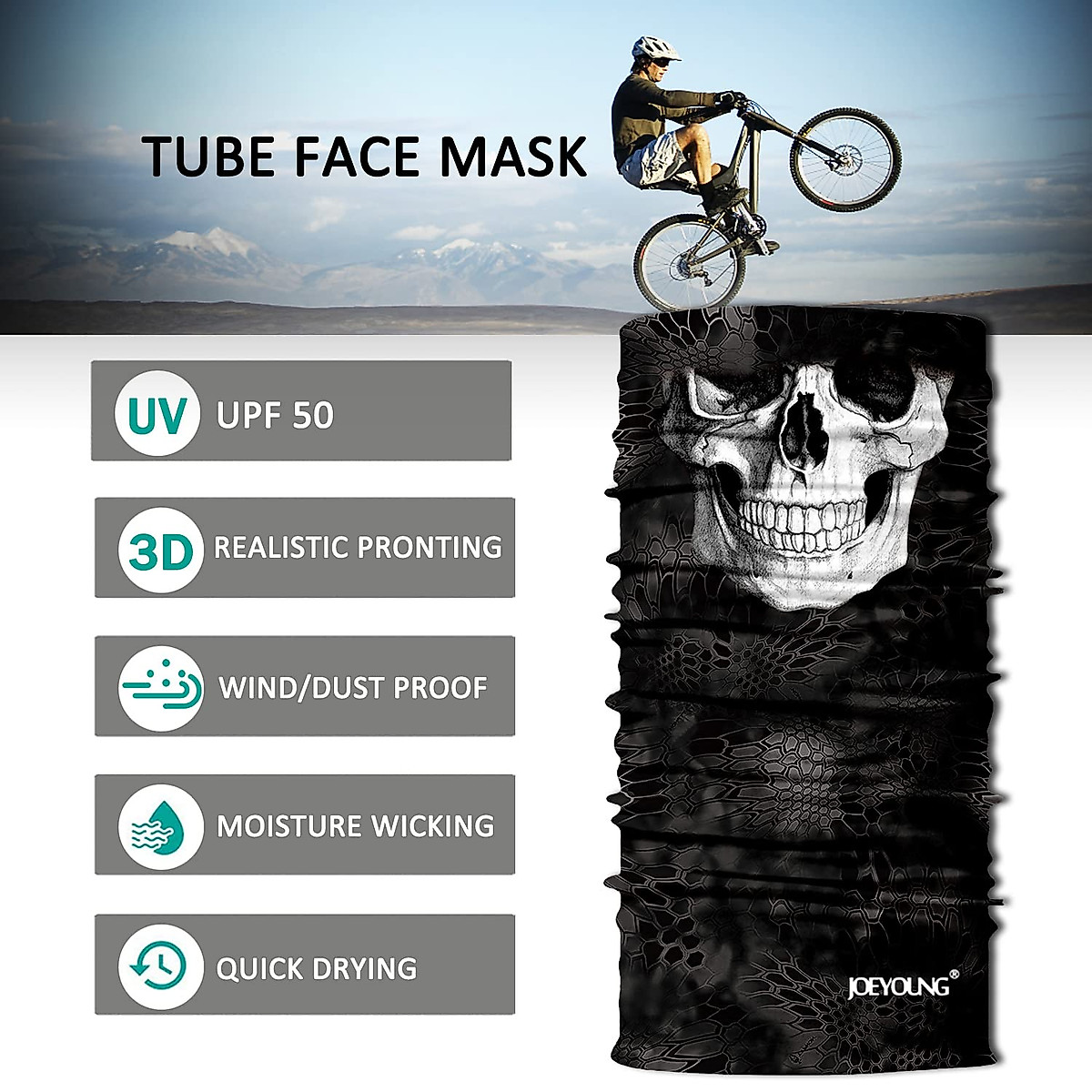 JOEYOUNG Skull Face Mask UV Sun Dust Neck Gaiter Bandana Headwear Motorcycle
