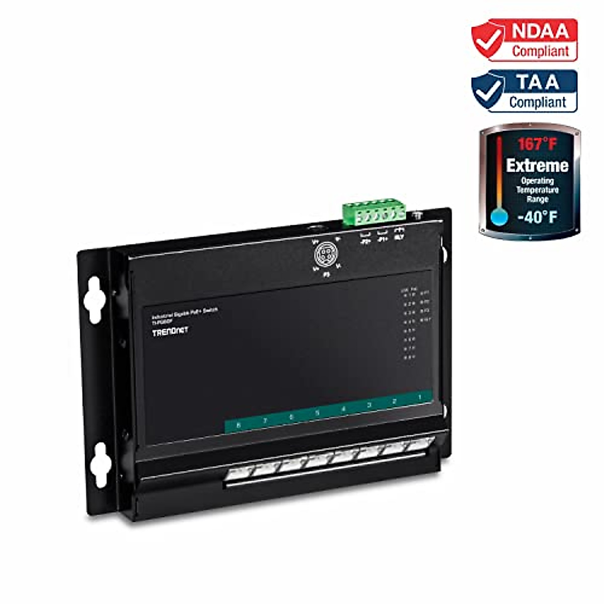 TRENDnet 8-Port Industrial Gigabit Poe+ Wall-Mounted Front Access Switch, TI-PG80F, 8X Gigabit Poe+ Ports, DIN-Rail Mount, 48 –57V DC Power Input, IP30, 200W Poe Budget, Lifetime Protection