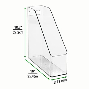 mDesign Plastic Slim Vertical File Folder Bin Storage Organizer with Handle - Hold Notebooks, Binders, Envelopes, Magazines for Home Office, Work Desktops, Ligne Collection, 2 Pack - Clear