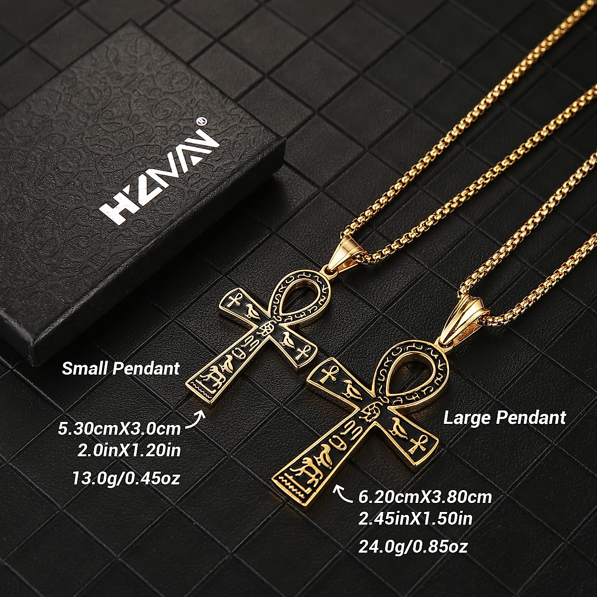 HZMAN Stainless Steel Large Ankh Cross Pendant Ancient Egyptian Hieroglyphic Symbol 22+2 Inch Chain (Gold-Small)