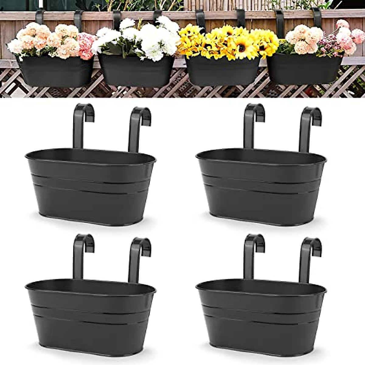 OGIMA 4pcs Large Hanging Flower Pots, Metal Iron Wall Planter Indoor/Outdoor for Railing Fence Balcony Garden Home Decoration with Detachable Hooks