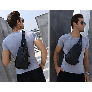 BULLCAPTAIN Genuine Leather Men Shoulder bag Sling Chest bag Travel Hiking Backpack Crossbody Bag (Black)