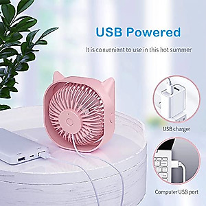 USB Desk Fans Small Quiet - Mini Cute Desk Fan USB Powered 3 Wind Speeds 360° Rotatable Portable Personal Little Table Fans for Home Bedroom Nightstand Office Work Desktop Dorm (Pink)