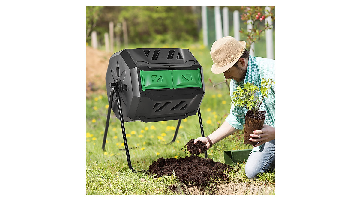 Outsunny Tumbling Compost Bin Outdoor 360° Dual Chamber Rotating ...