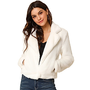 Allegra K Women's Cropped Faux Fur Jacket Lapel Cardigan Shrug 2024 Winter Fluffy Faux Fur Coat Large White