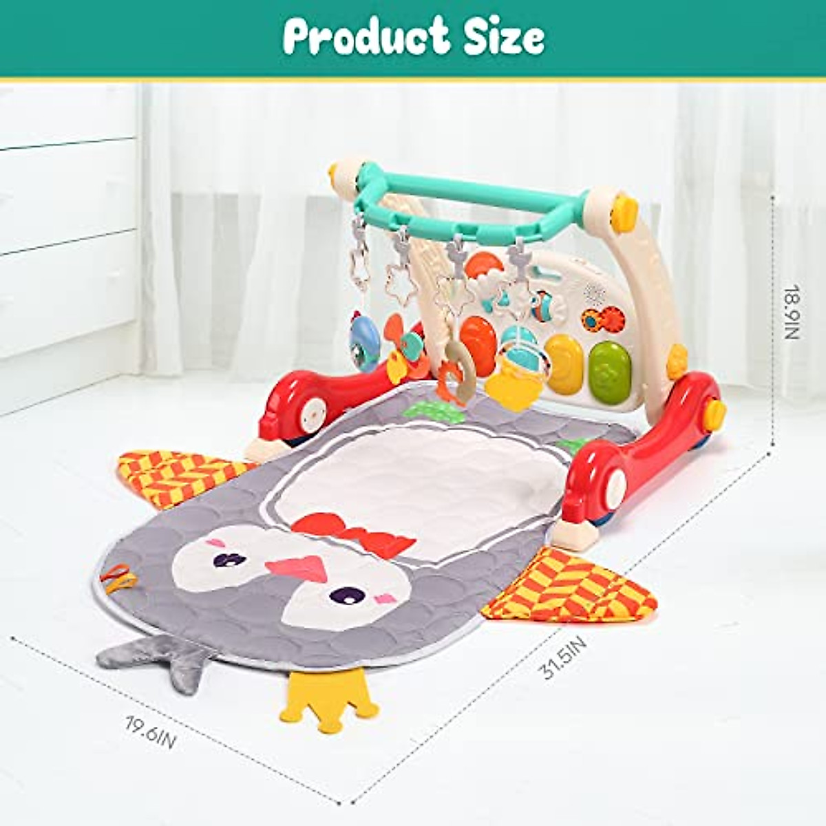 CUTE STONE Baby Gym Play Mat & Baby Learning Walker, Baby Activity Mat with Play Piano, Musical Activity Center with Lights, Baby Push Walkers & Tummy Time Mat for Infant Newborn Toddlers