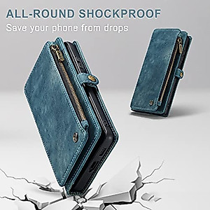 Defencase Samsung Galaxy S21 FE Case, Galaxy S21 FE 5G Case Wallet for Women Men, Durable PU Leather Magnetic Flip Lanyard Strap Wristlet Zipper Card Holder Wallet Case for Samsung S21 FE, Blue-Green