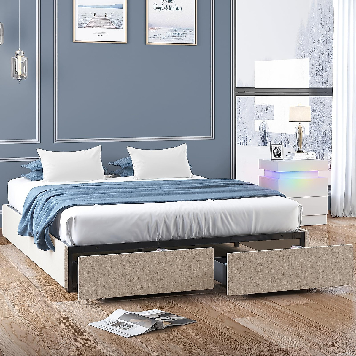 ijuicy Cal King Size Bed Frame with Storage Drawers, Wood Slat Support Bed Frame, Linen Fabric Upholstered Platform Bed, Bed Frame with Large Storage Space,Easy Assembly-Beige