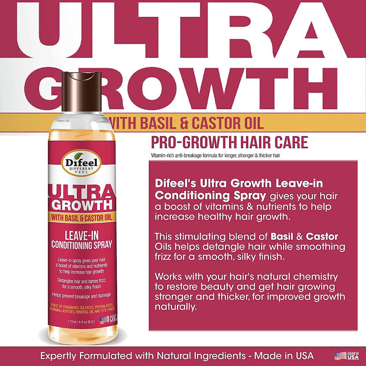 Difeel Ultra Growth Basil & Castor Hair Oil Leave in Conditioning Treatment 6 oz. with Spray Cap & Dispensing Cap