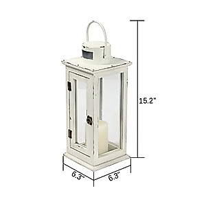 Rustic White Lantern Candle Holder 15In Tall, Hanging Farmhouse Wood Decorative Outdoor Lanterns for Wedding Decor, Hurricane Glass LED Fireplace Table Centerpiece Christmas, Style 1,
