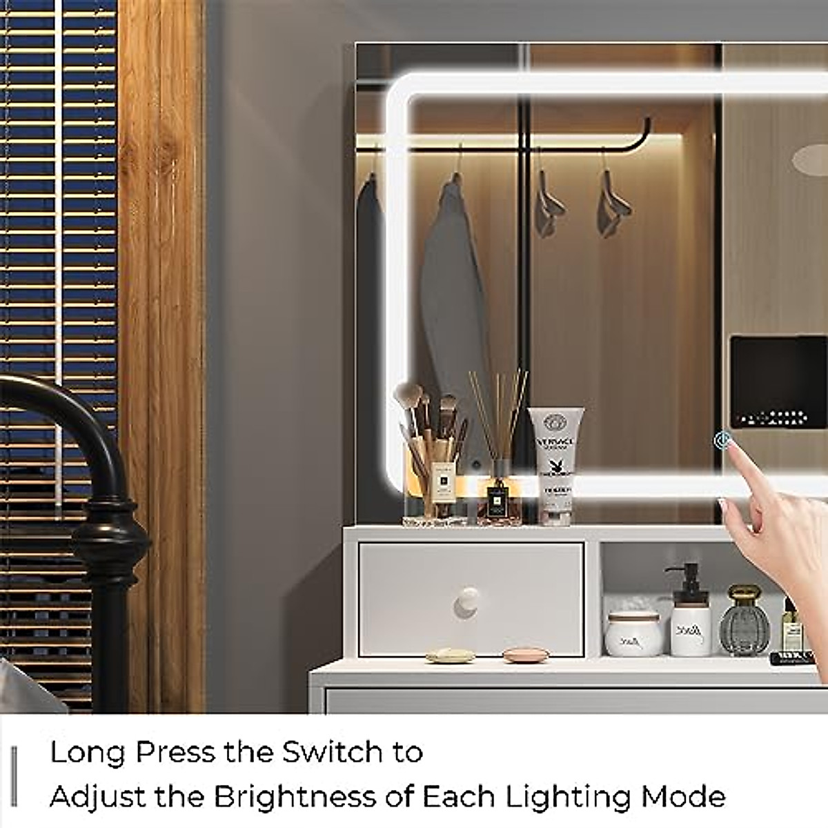 Yanosaku Vanity Desk with LED Lighted Mirror & Power Outlet, Makeup Table with Drawers, Makeup Table with Chair,Vanity Set 3 Lighting Modes Brightness Adjustable for Bedroom Studio