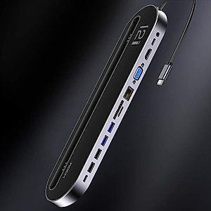 USB Hub Portable USB Hub RCB0724 12 in 1 3 USB-C/Type-C + 2 USB 2.0 + 2 USB 3.0 + RJ45 Gigabit Ethernet Port + VGA + HDMI Multi-Function HUB Laptop Stand Base with SD/TF Card Slot & 3.5mm Jack