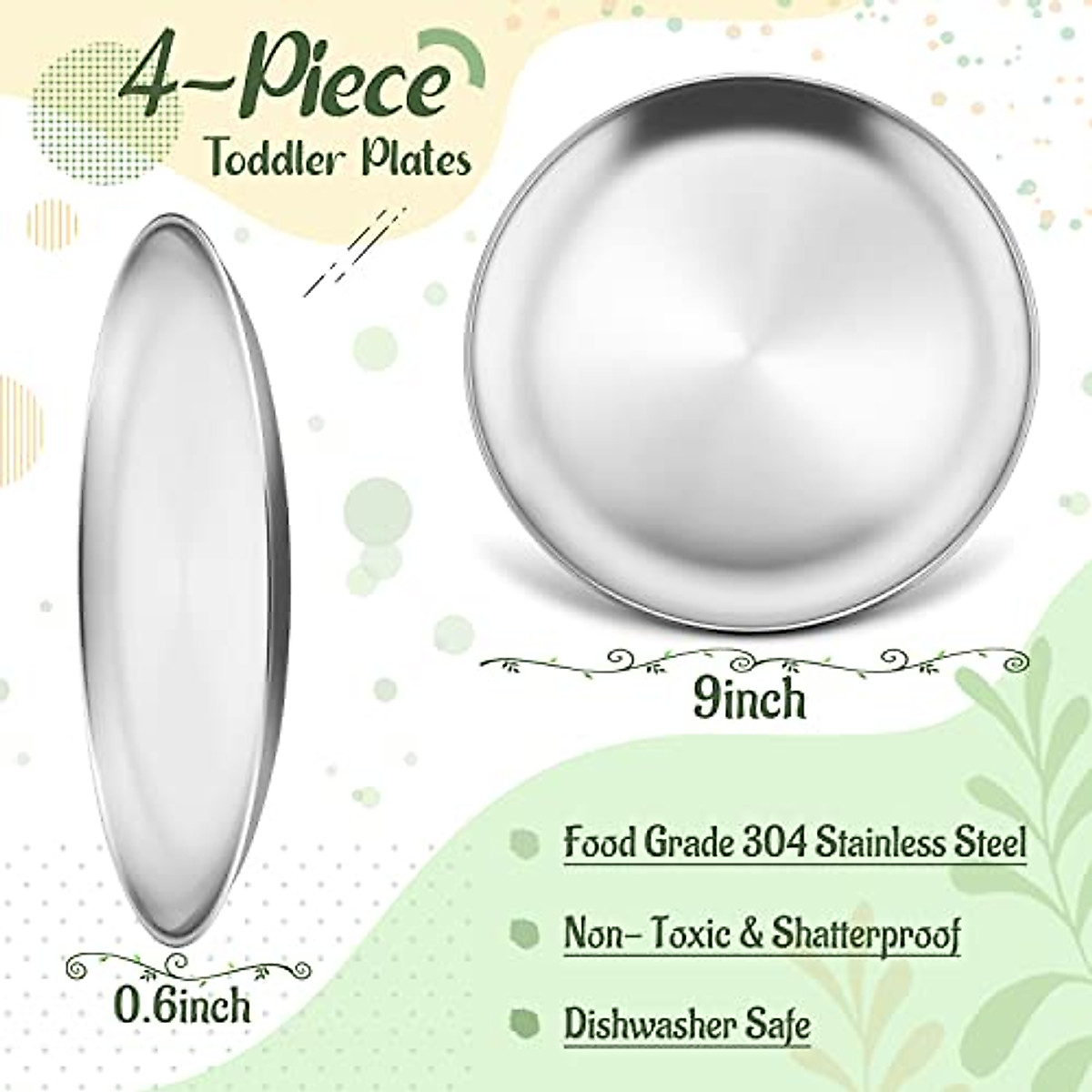 HaWare 4-Piece 18/8 Stainless Steel Plates, Metal 304 Dinner Dishes for Kids Toddlers Children, 9 Inch Feeding Serving Camping Plates, Reusable Dinnerware, Shatterproof & Non-toxic, Dishwasher Safe