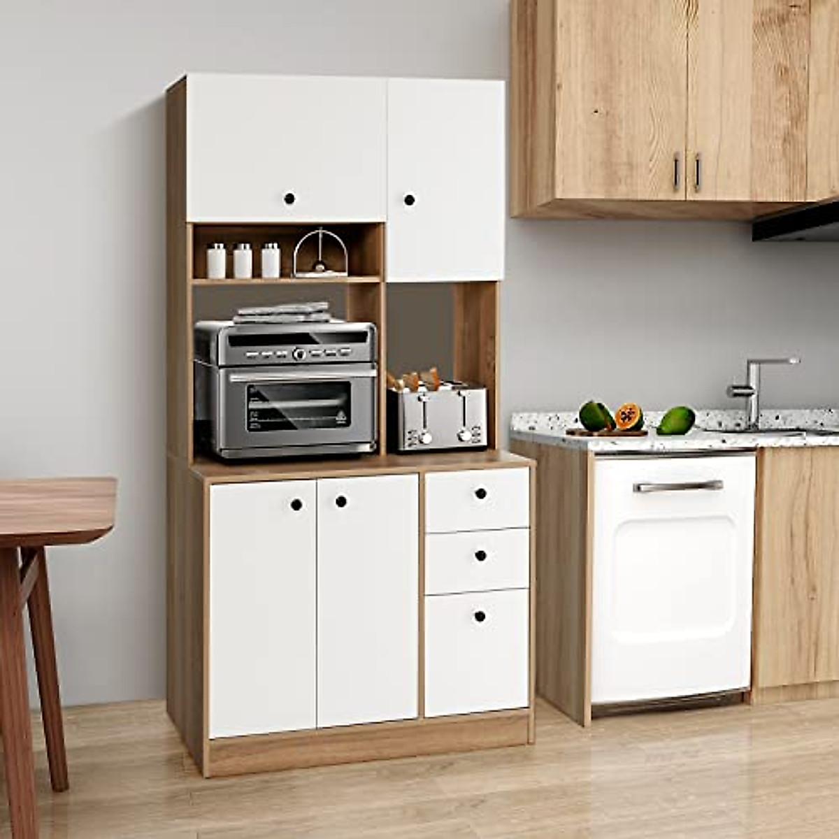 Giantex Kitchen Pantry, Buffet Hutch with 3 Storage Cabinet, 71'' Floor Large Cupboard with 3 Deep Drawers, Wide Countertop, Adjustable Shelves, Tall Sideboard (White & Natural)