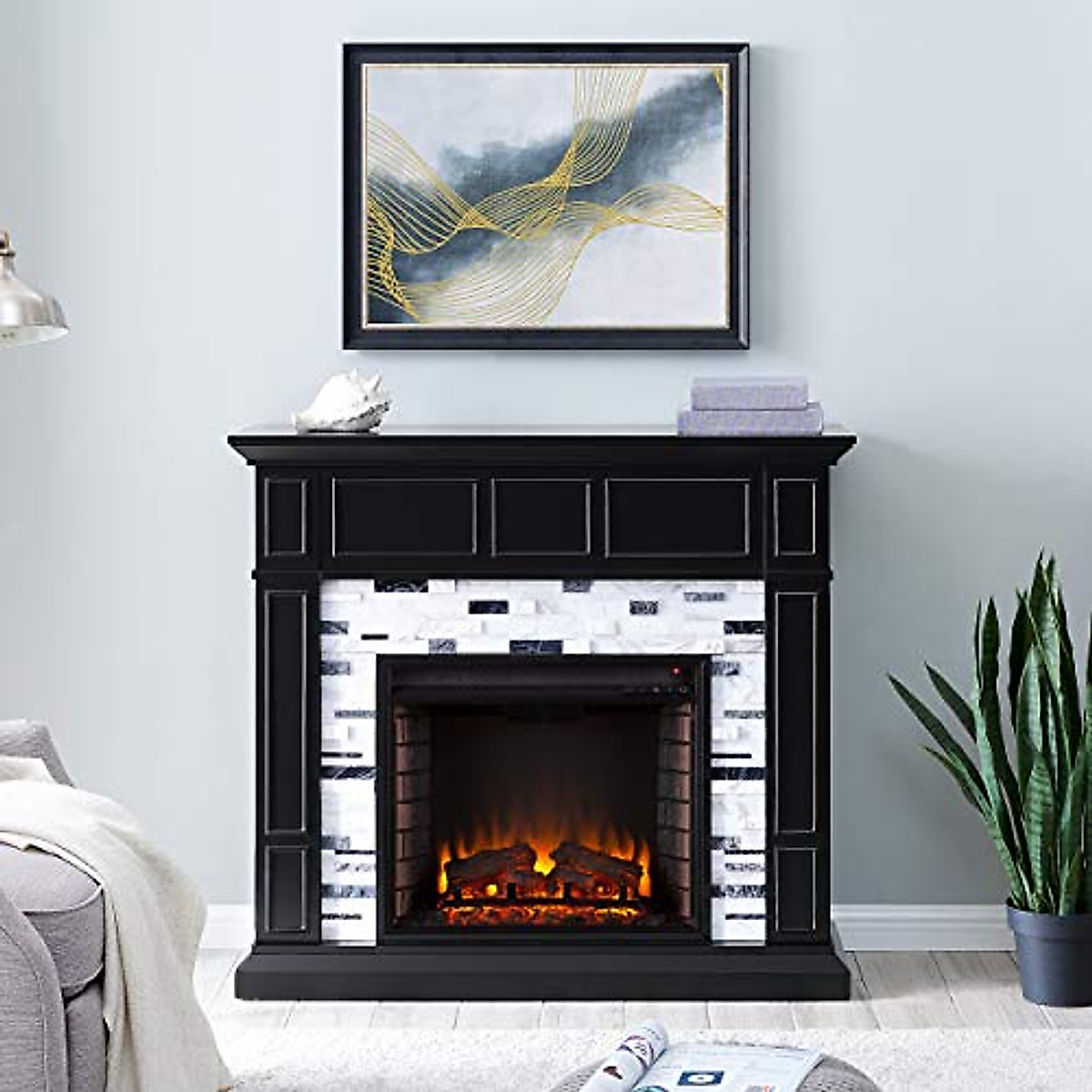 SEI Furniture Drovling Marble Tiled Electric Fireplace, Black-White-Gray