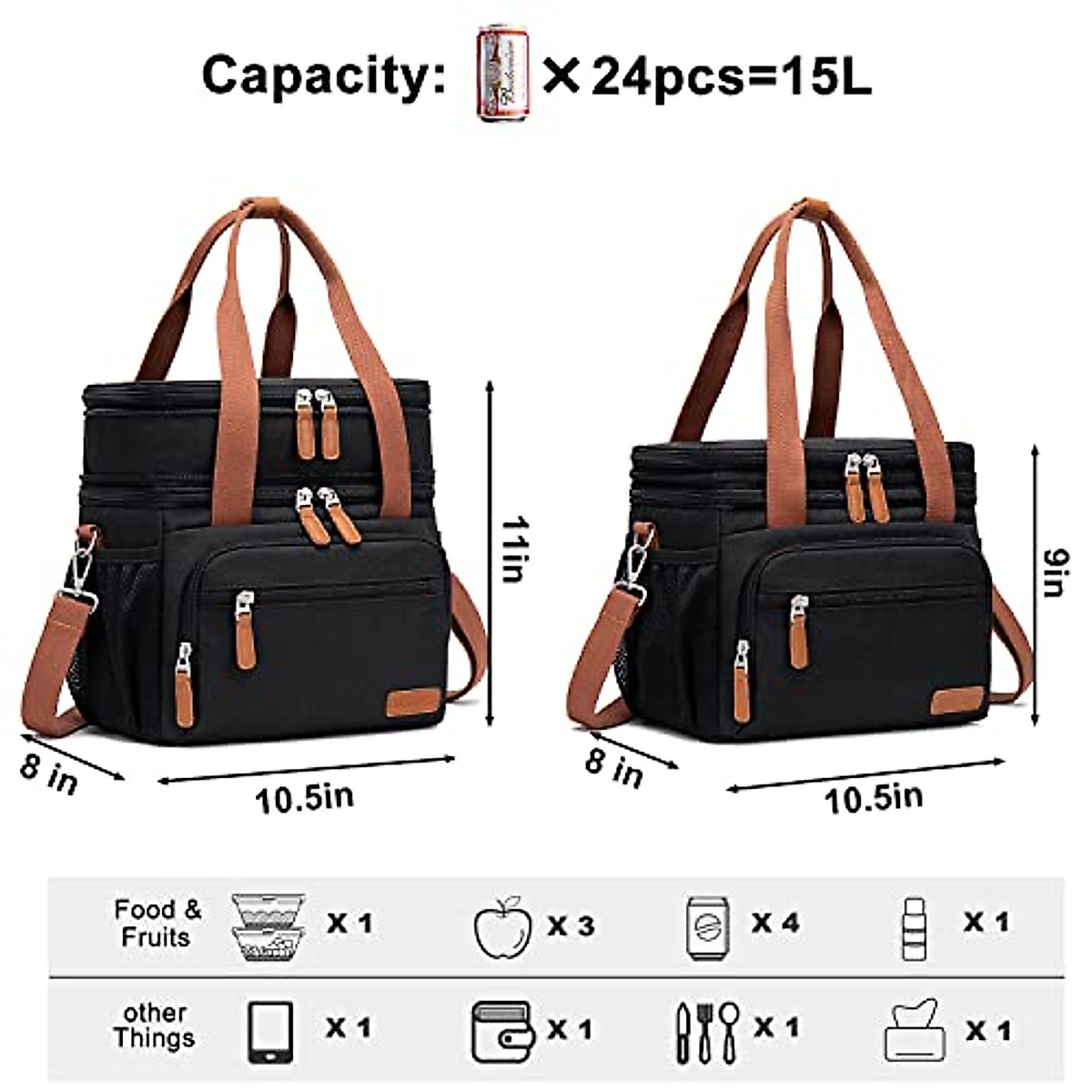 Weitars Lunch Bag For Women Men-Dual Compartment Large Lunch Box For Men Adult Lunch Box For Nurse Office Working Picnic Hiking (15L, Black/kahki)