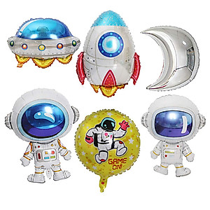 10pcs Mini Astronaut Spaceman Balloons Rocket Airship Balloons Foil Balloons for Baby Shower Birthday Outer Space Themed Party Decorations