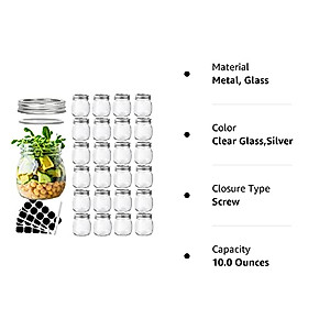 10 oz Glass Mason Jars, 24 Pack Clear Glass Jars with Regular Lids, Canning Jars for Honey, Yogurt, Wedding Favors, Food Storage, Vegetables, Includes 40 Black Labels