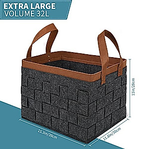 DAKCOS 2 Pack 32L Collapsible Felt Storage Basket,15.3"x11.8"x11.2" Felt Woven Basket with Felt Carry Handles for Toys,Towels,Clothes,Firewood etc.