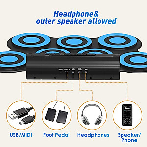 KONIX Electronic Drum Pad for Kids - 7 Pads Roll Up Electric Drum Kit Rechargeable - Digital Drum Sets with Headphone Jack, Speaker, Pedals, Demo Songs, MP3 USB Port, Sticks - Blue