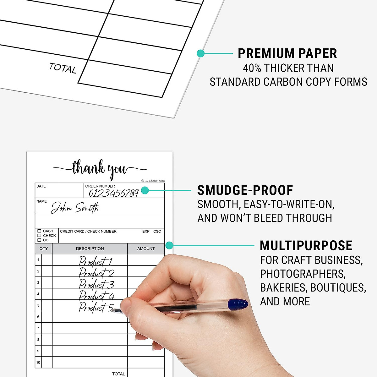 321Done Thank You Receipt Book, 3.4x5.5 Handheld 2-Part Carbonless, Made in USA, Carbon Duplicate Copy Sales Order Form, Invoice Pad, Cute Convenient for Small Boutique Business (50 Sets) White/Yellow