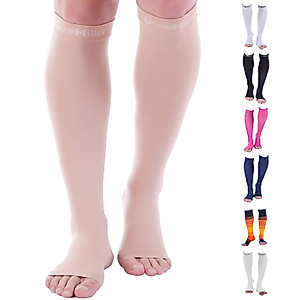 Doc Miller Open Toe Compression Socks for Women 8-15 mmHg Compression Socks for Men & Women Support Circulation, Shin Splints, Varicose Veins Recovery, 1 Pair of Knee High Socks Skin Color Large Size