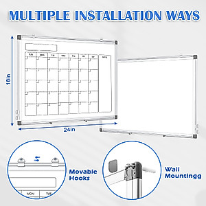 Monthly Calendar Dry Erase Whiteboard for Wall, 24" x 18" Magnetic Calendar White Board, Double-Sided Portable Board for Office, Kitchen, School, Home