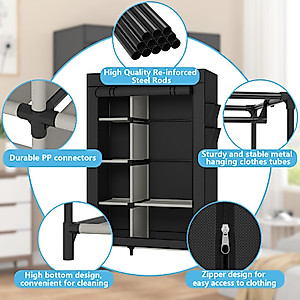 Calmootey Portable Closet, Wardrobe with 6 Shelves and Hanging Rod, Storage Organizer for Bedroom, Non-Woven Fabric Cover with 4 Side Pockets, Includes 2 Storage Bags for Clothes, Black