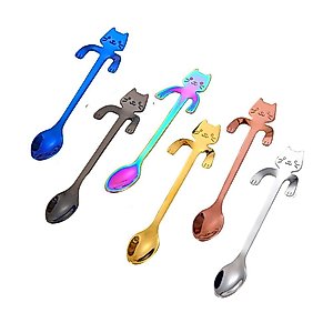 Cat Spoon Coffee Tea Spoon Set, ESRISE Stainless Steel Hanging Cup Teaspoons Demitasse Mini Long Cute Kitten Stirring Spoon for Dessert Drink Mixing Milkshake (Multicolor)