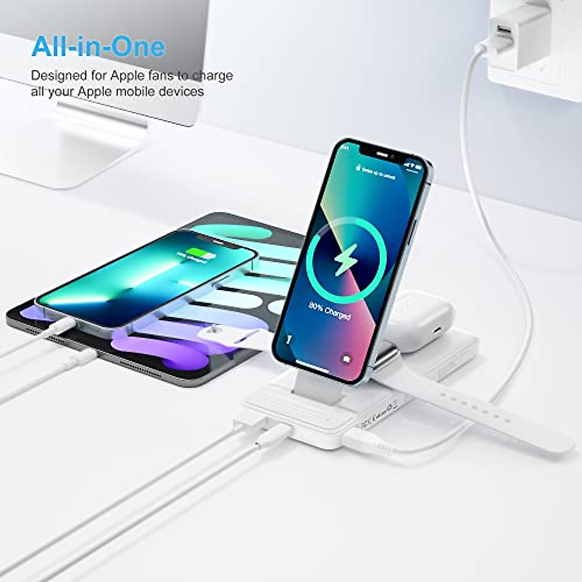 10000mAh for MagSafe Battery Pack, 5 in 1 Foldable Mag Safe Charger Stand for Apple iPhone 14 13 12 Pro Max Plus Mini, Apple Watch, AirPods, Compact Apple Travel Charger for MagSafe Charging