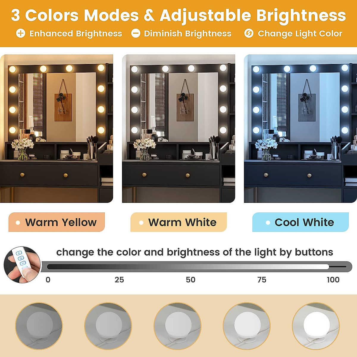 VIAGDO Black Vanity Desk with Mirror and Lights, Makeup Vanity with Charging Station & 3 Storage Compartments, Makeup Desk with Drawers and Open Storage Shelves, Bedroom Dressing Table