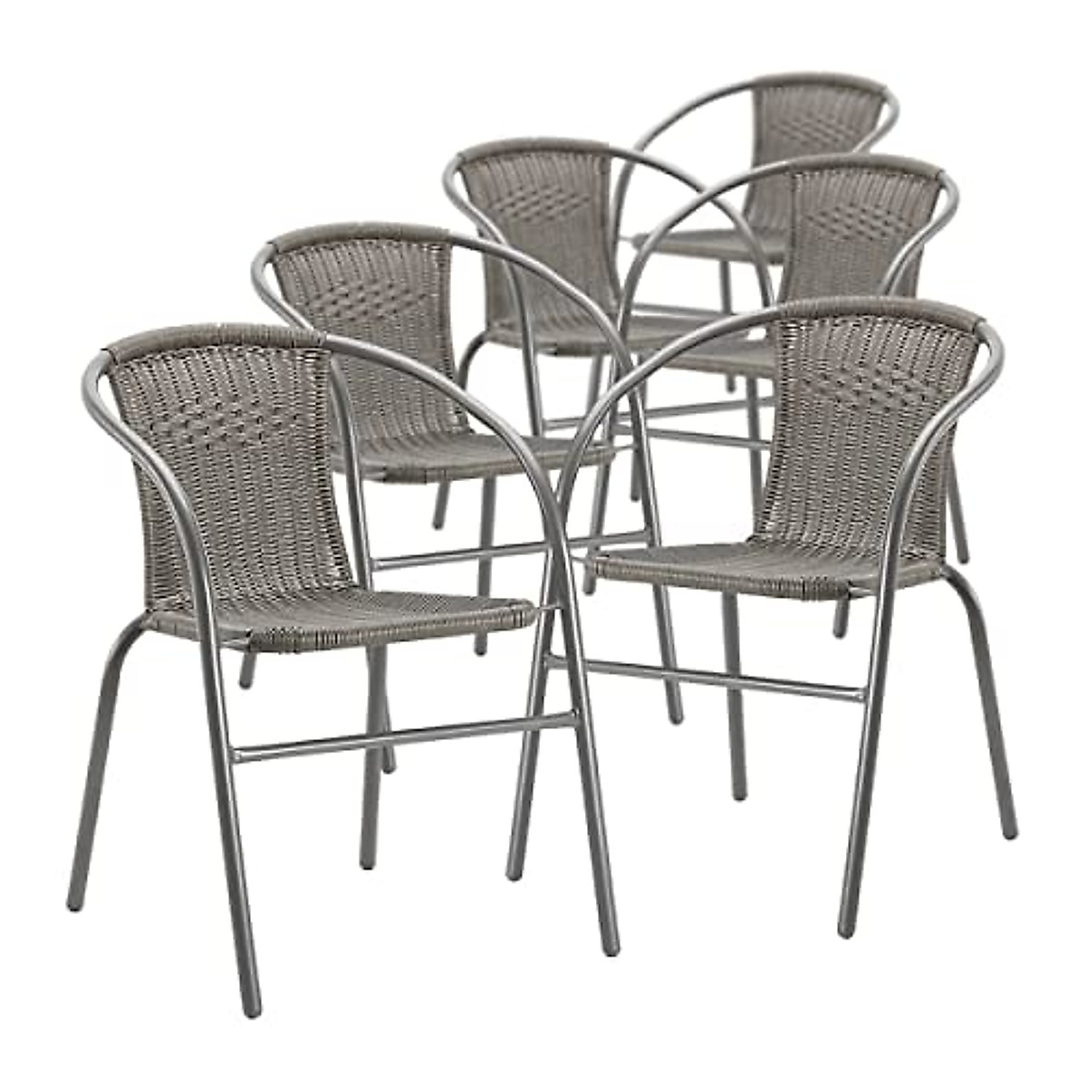 Pack of 6 Gray Wicker Rattan Indoor-Outdoor Dining Chairs | Patio Dining Chairs | Outdoor Restaurant Stackable Chairs. Deck Chairs (6)