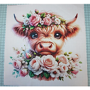 Fabric Panel 14"x14" Floral Baby Highland Cow 100% Cotton Quilting Panel Square L491