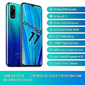 Ulefone Unlocked Smartphones Note 9P, 16MP + 5MP + 2MP, Dual Sim Phones Unlocked, Android 11 4GB+64GB ROM, 6.52" FHD, Fingerprint Face Detection, 4500mAh high Capacity Battery, T-Mobile - Blue