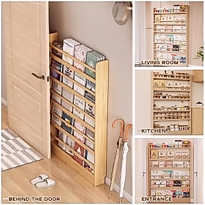 Tazyee Bookshelf, Tall Narrow Book Shelf, Behind Door 3-6 Tier Wall Bookcase for Bedroom, Living Room, Office, Space Saving Organizer for Kids’ Toys and Books Walnut 6-shelf/31.5" x 3.9" x 70.2"