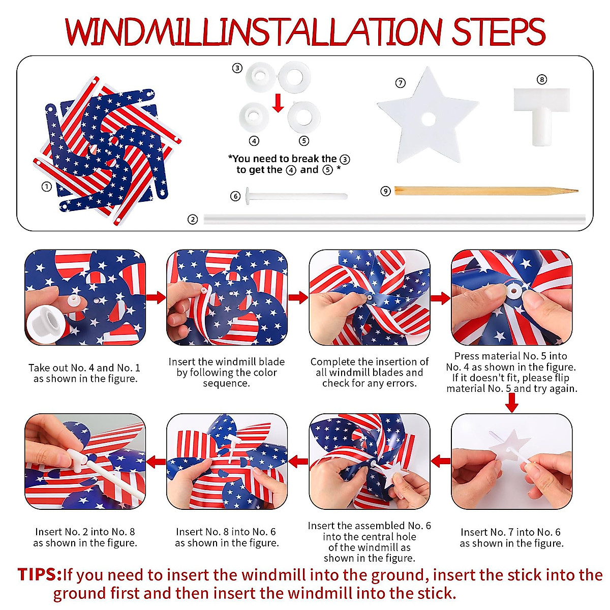 Gushu 20pcs Fourth of July Pinwheels,Red White and Blue 4th of July Decorations American Flag Pinwheel, Garden Wind Spinners Patriotic Yard Outdoor Decor, Memorial Day Independence Party Supplies