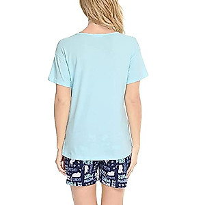 CHUNG Women Short Sleeve Shirt Pajamas Set with Shorts Bottom Pants Cotton V-neck Cute Pjs Sleepwear Lounge Wear Plus Size Summer (Medium, Blue Cat)