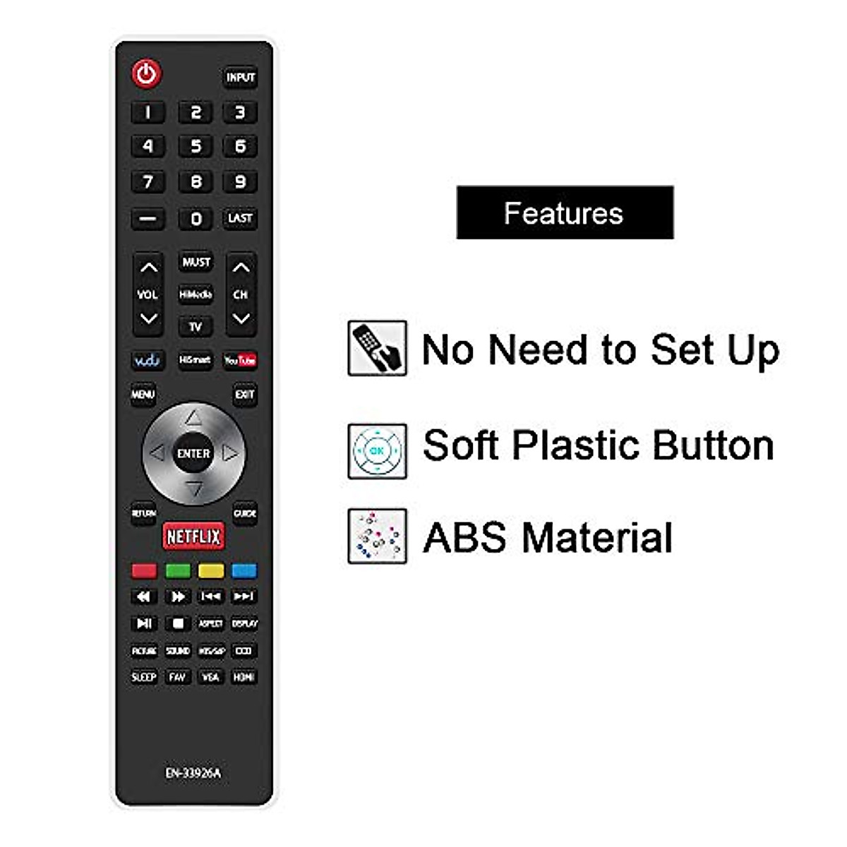 Gvirtue EN-33926A Remote Control Compatible Replacement for Hisense EN33926A TV Remote, Applicable 32K366W 40K366WB 32K20DW 32K20W 40H5 50K610GWN 55K610GWN XV5849 32H5B 40H5B 40K366WN 48H5 50H5B