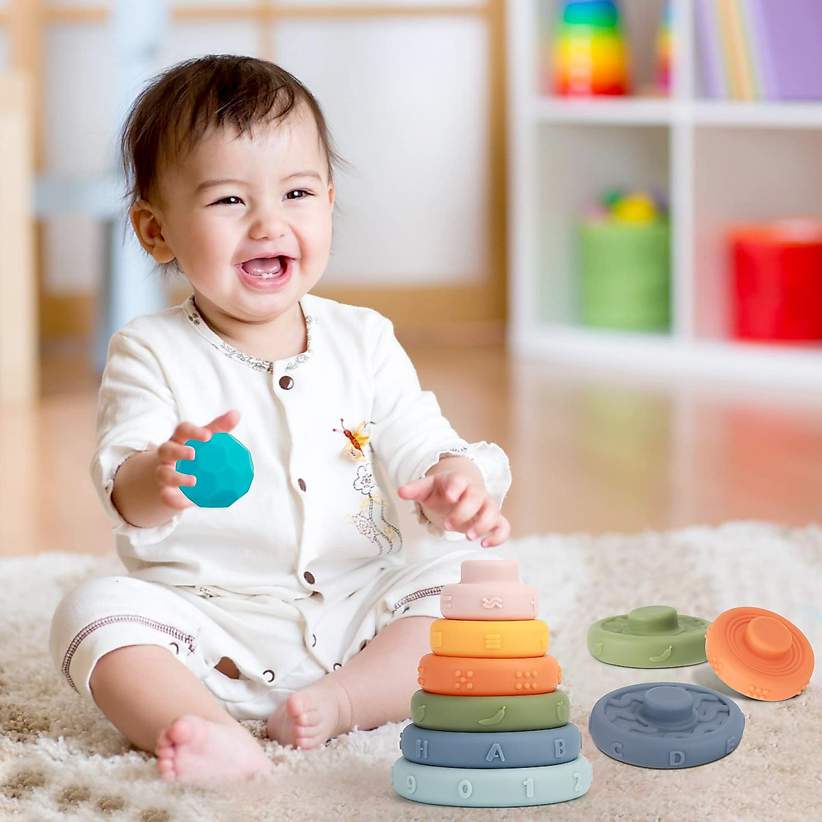 Thinkmax 6 PCS Baby Stacking Nesting Toys, 1 PCS Sensory Ball & Baby Rattle Music Appease Toys, Montessori Sensory Toys with Letter for Babies Newborn 0 3 4 5 6 12 18 Months 1 Year Old Girls Boys