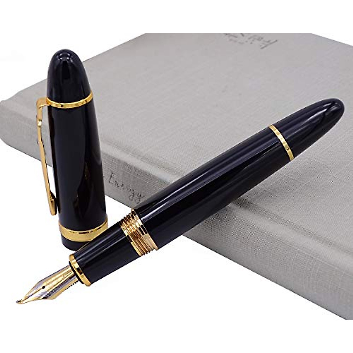 Jinhao 159 Fountain Pen, Fude Pen Bent Nib, Black Lacquer Gold Trim Big Heavy Pen with Pouch and Ink Converter
