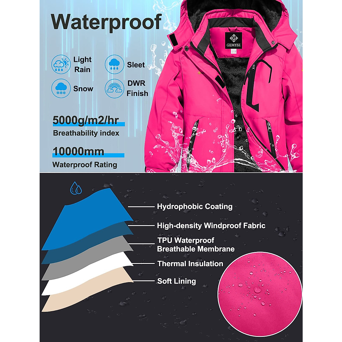 GEMYSE Girl's Waterproof Ski Snow Jacket Fleece Windproof Winter Jacket with Hood (Watermelon Red,6/7)