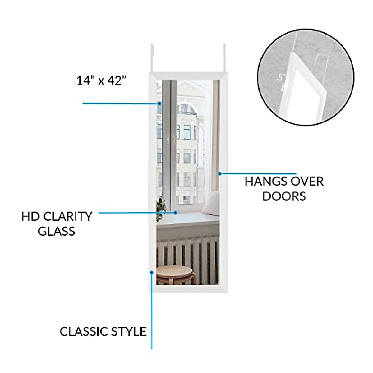 Mirrorize Full Length Over the Door, Long Door Hanging Large Mirrors for Wall Full Body, Shatterproof Tall Floor Mirror, 42"X14", White